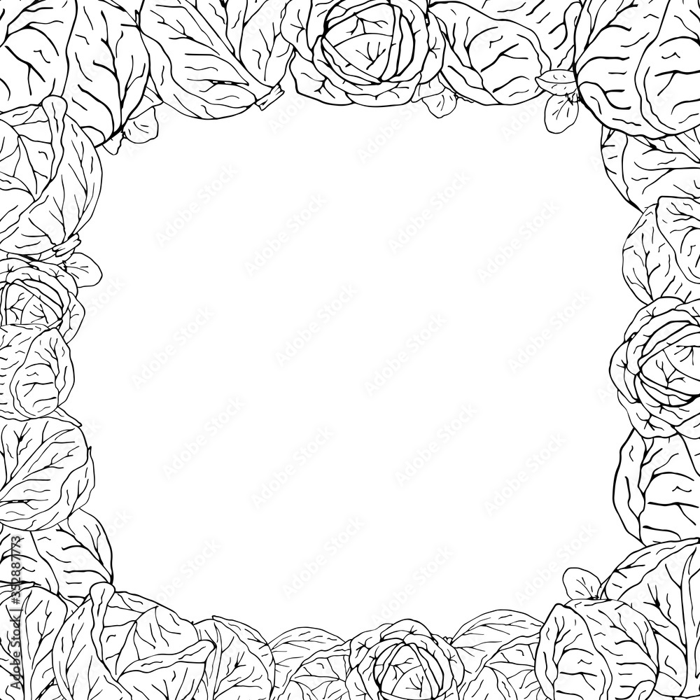 Frame of vegetables cabbage with copy-space. Vector illustration black ...