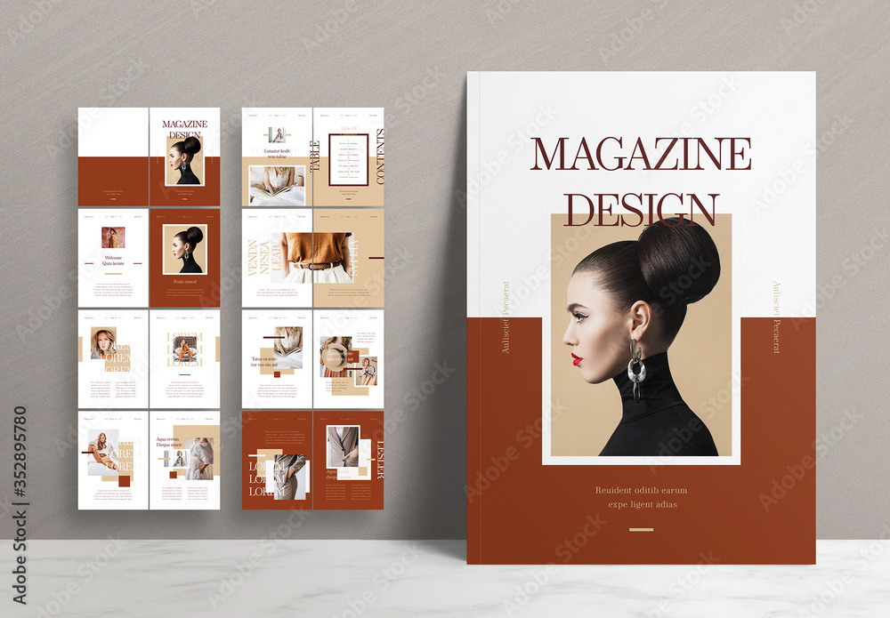 Magazine Layout with Brown Accents Stock Template | Adobe Stock