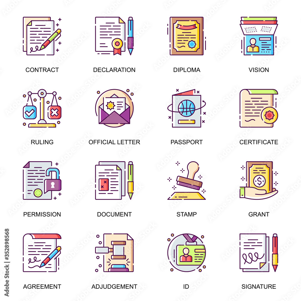 Legal documents flat icons set. Contact, agreement, declaration ...