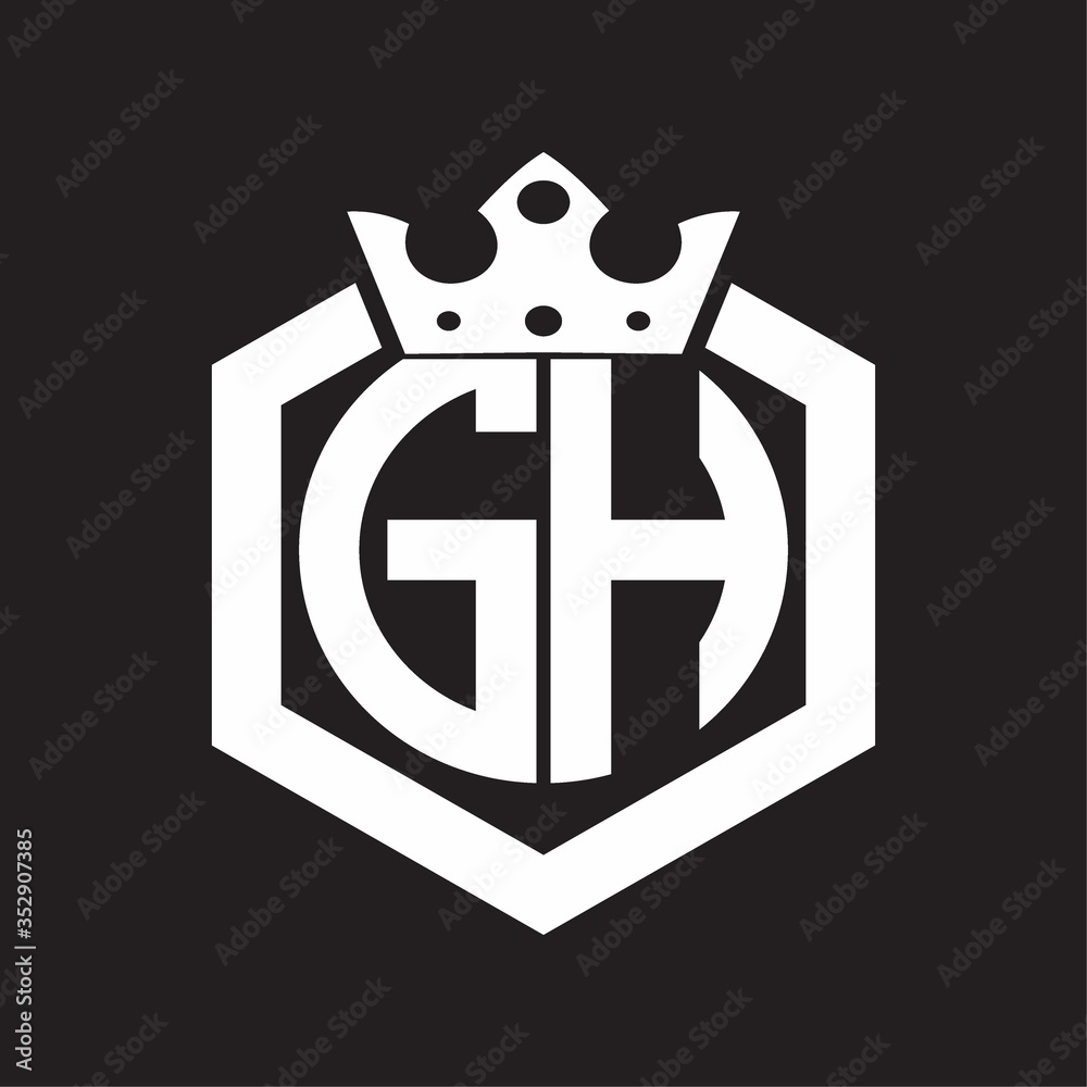 GH Logo monogram rounded by hexagon shape with crown design template ...