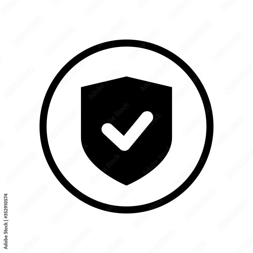 Black round shield shape icon with secure checkmark v, simple flat ...