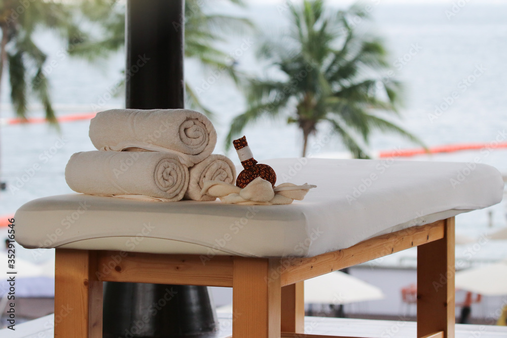 Luxury massage and spa bed put at the hotel near the beach seascape ...