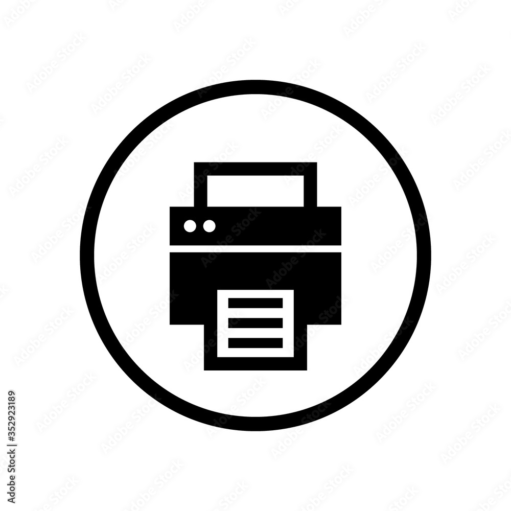 Black round printer / printing paper icon. Simple printing machine flat ...