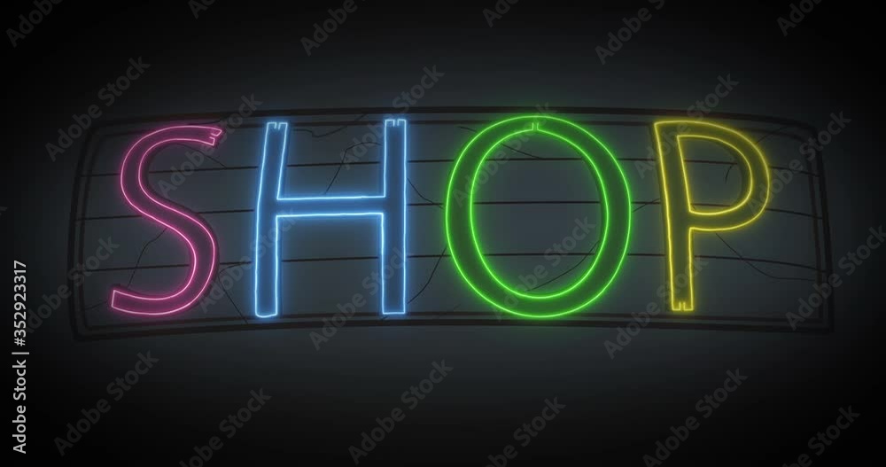 Vidéo Stock Neon shop sign billboard glows brightly on black background ...