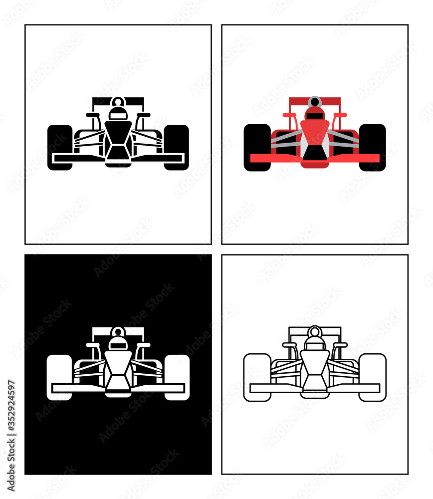 Formula car symbol presented as pictogram, black and white, line icons ...