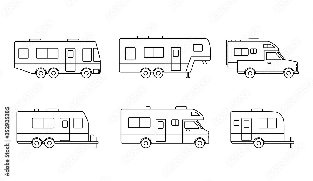Auto RVs, Camper vans / Camping cars icons set. Simple flat design ...