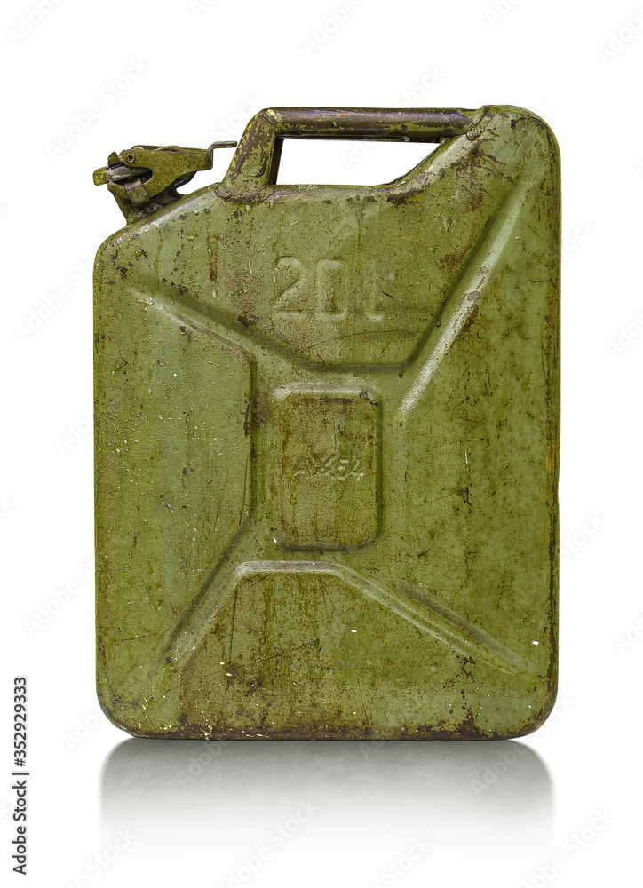 OLD USED 20L MILITARY GAS FUEL CAN. STEEL GREEN GAS JERRY CAN. Isolated ...