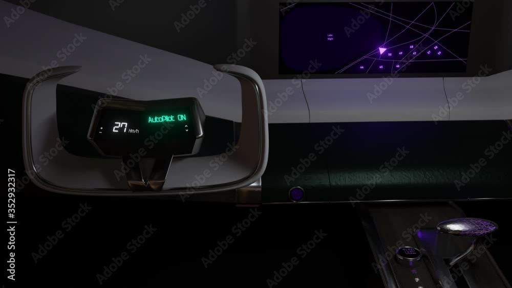 3D render animation of a futuristic car interior, with the blinking ...