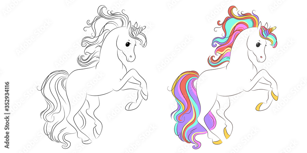 Cute unicorn line and color. Vector illustration for coloring book ...