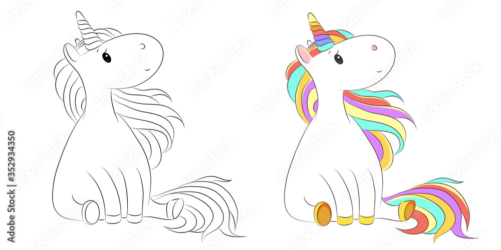 Cute unicorn line and color. Vector illustration for coloring book ...