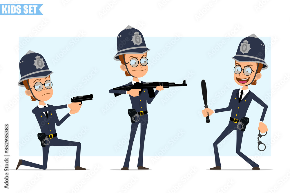 Cartoon flat funny british policeman boy character in helmet, glasses ...