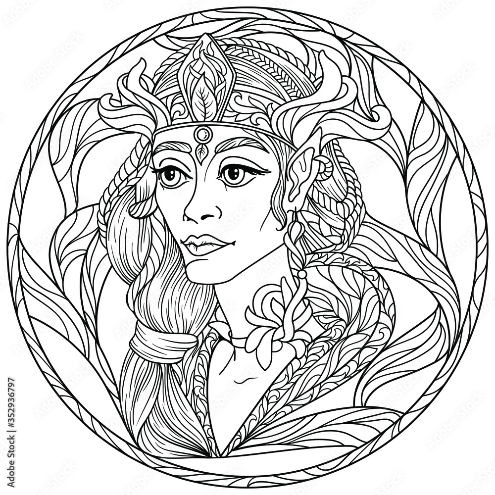 Fantasy coloring page with beautiful girl elf Stock Vector | Adobe Stock