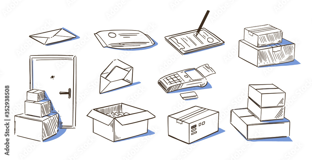 Parcels, boxes, letters. Parcel delivery. Black line vector ...
