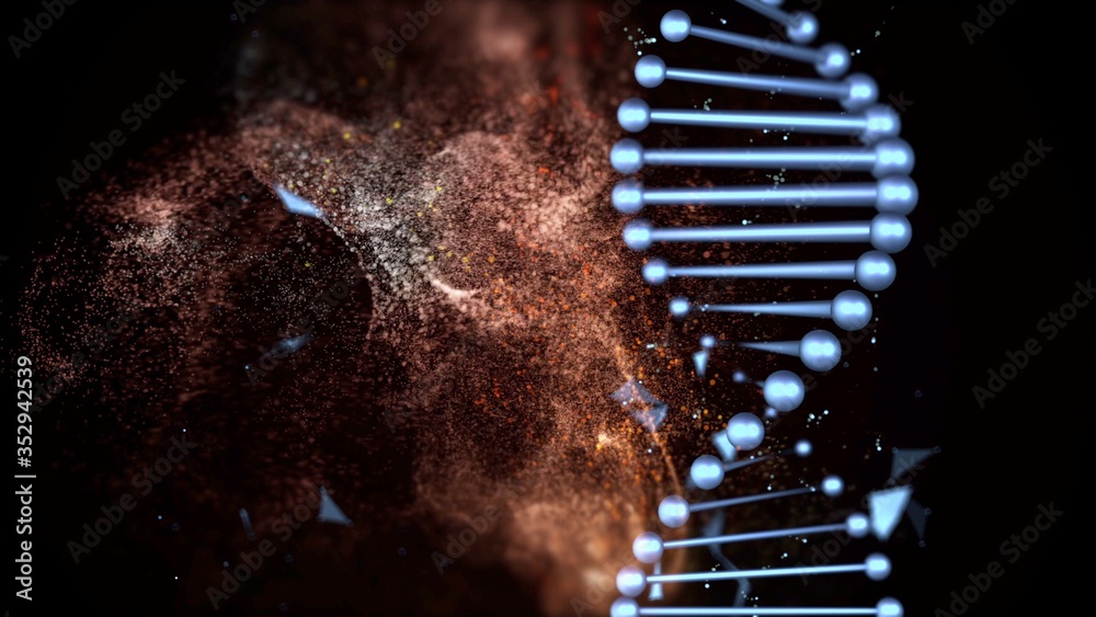 DNA distorted replica and a flow of colourful particles on tha black ...