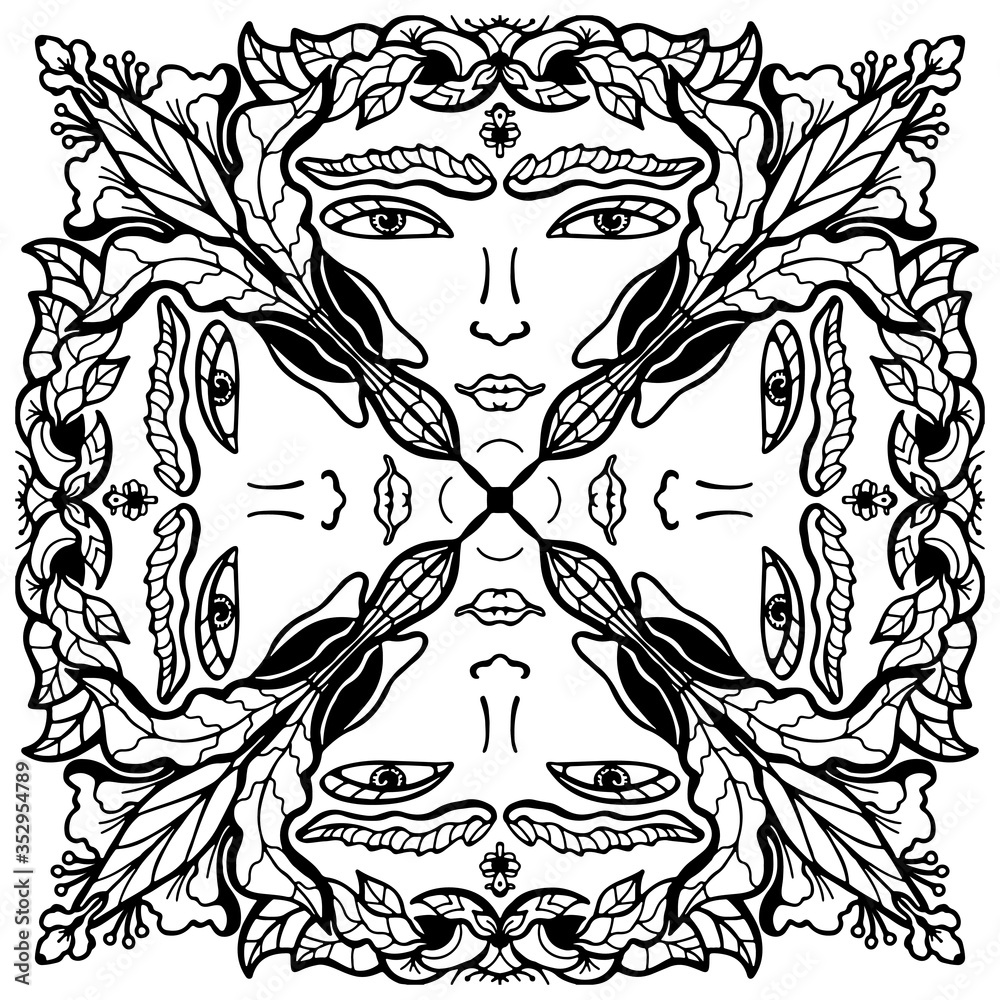 Vector illustration of mandala face, eyes, lips. Human face with plant ...