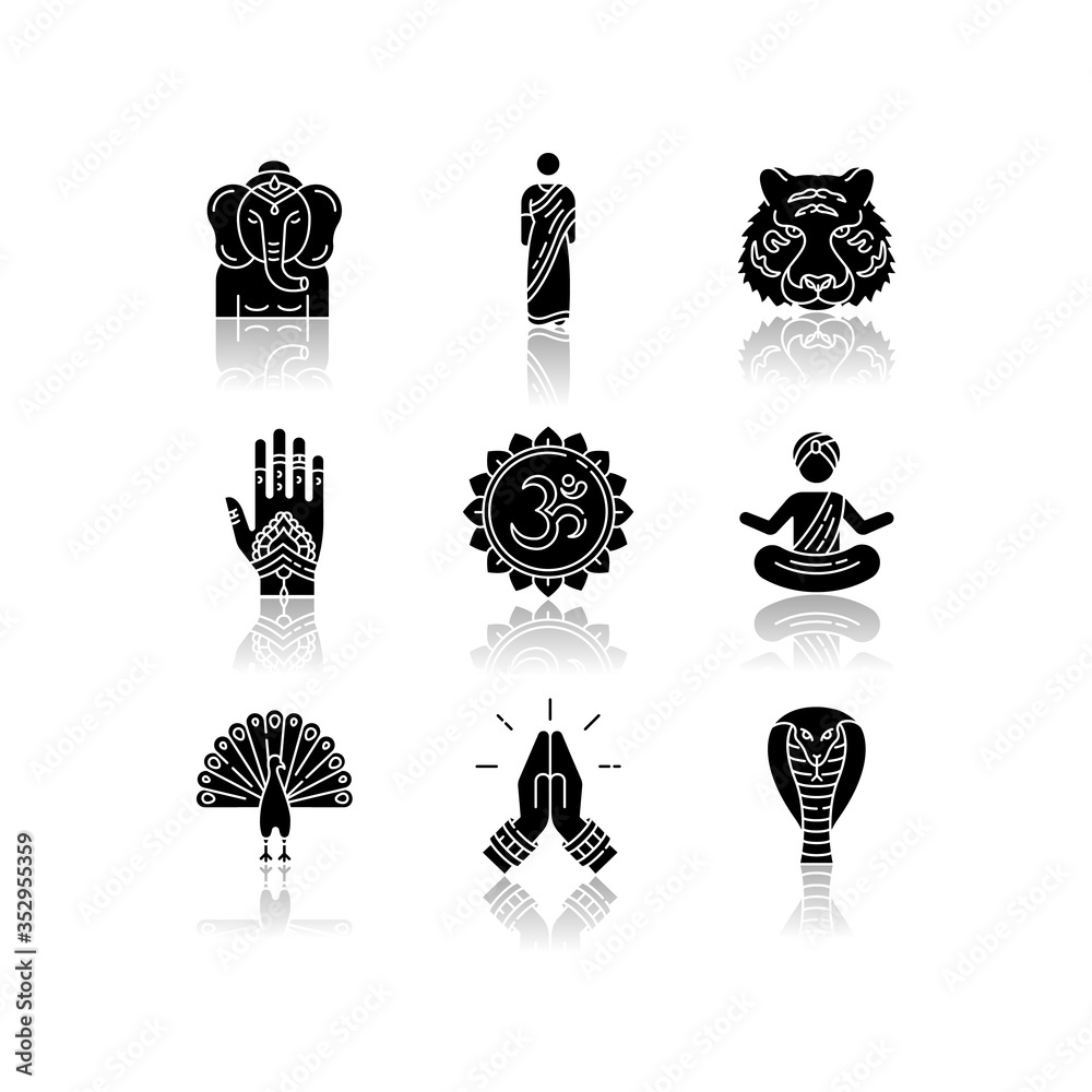 Indian spiritual symbols drop shadow black glyph icons set. Om sound ...