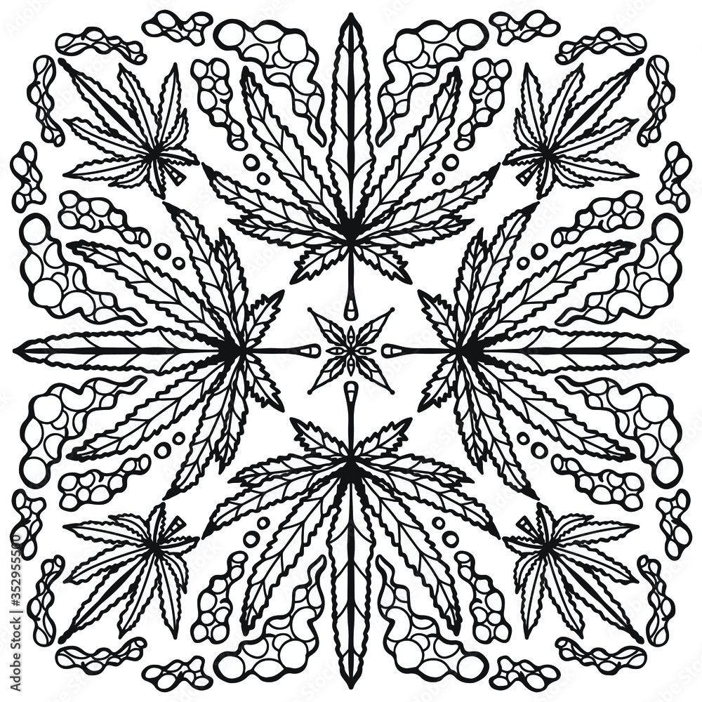 Vector illustration of hemp plant. Mandala marijuana leaves. Doodle ...