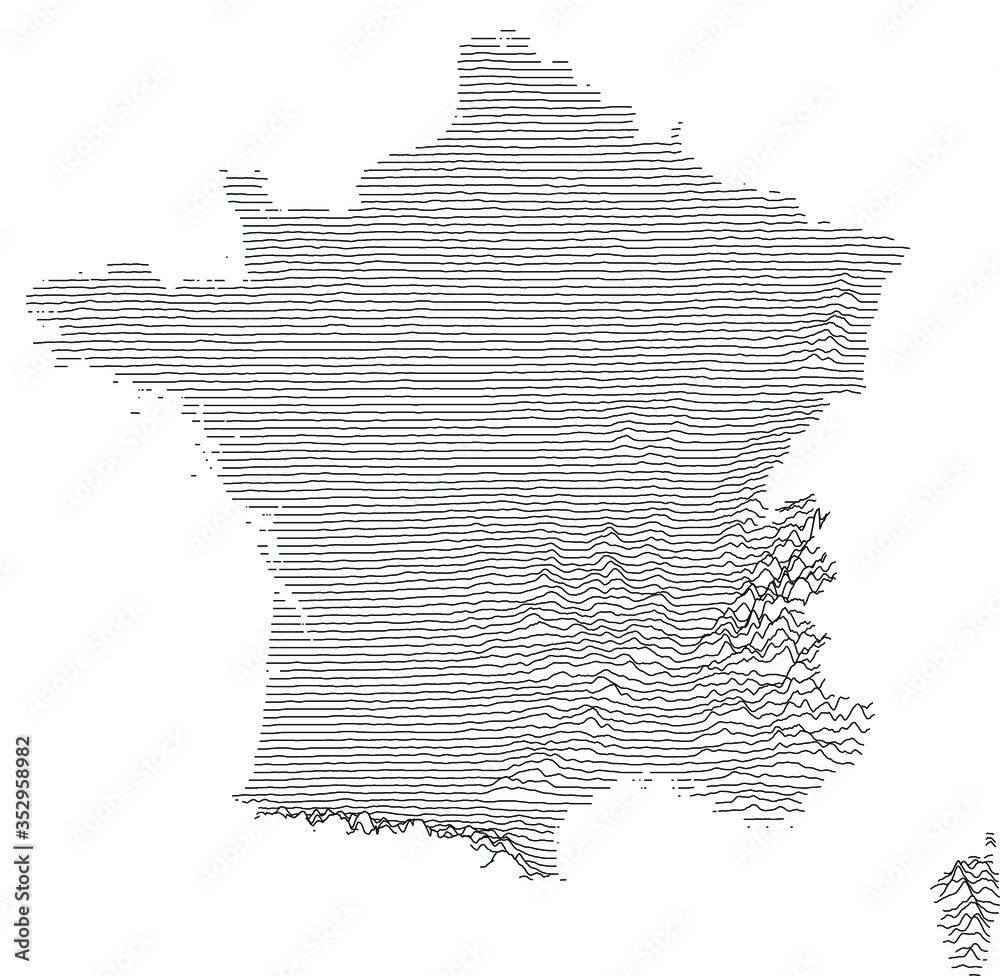 Simple abstract map of France showing elevation as stacked lines. Stock ...