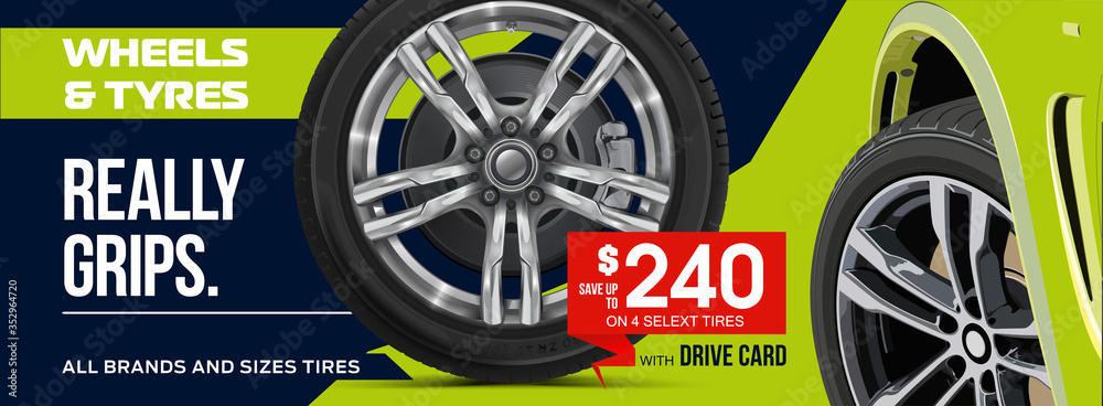 Tire car advertisement poster. 3D illustration of car tire. Wheel ...