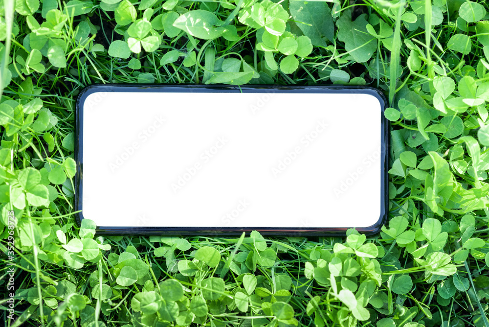 Blank screen mobile phone with copy space on a green grass background ...