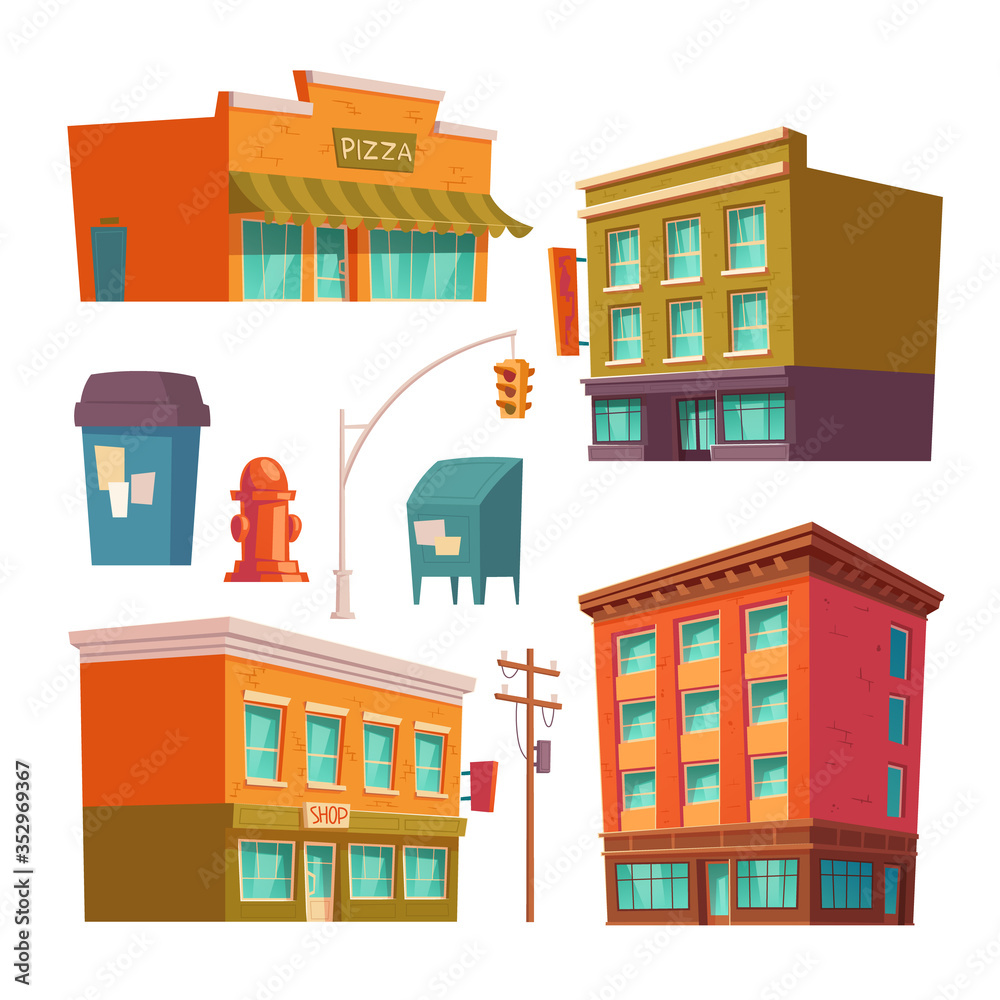 City buildings with apartments and shops isolated on white background ...