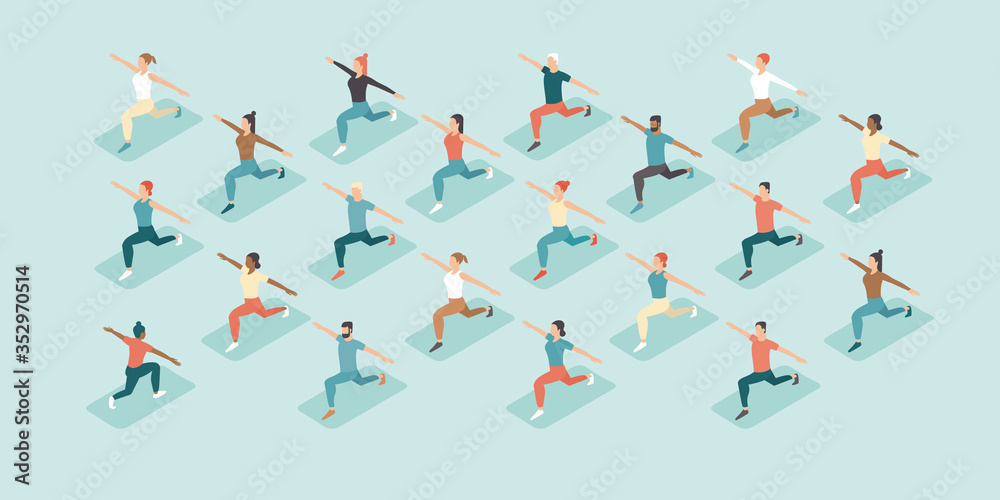 Social distancing in a gym. People doing group exercise keeping ...