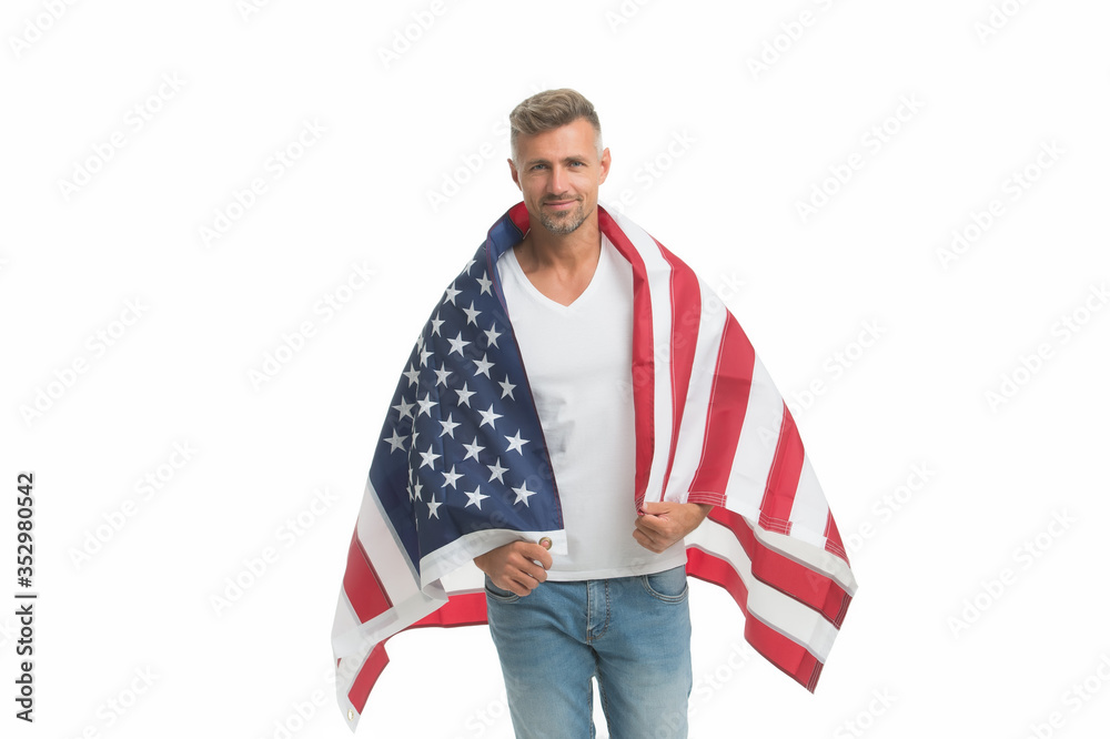 One flag one land. Happy man wear american flag. American patriot ...
