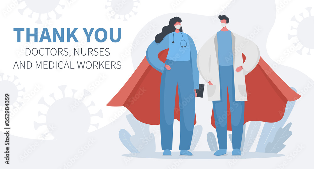 Flat vector illustration landing page banner of brave heroic doctors ...
