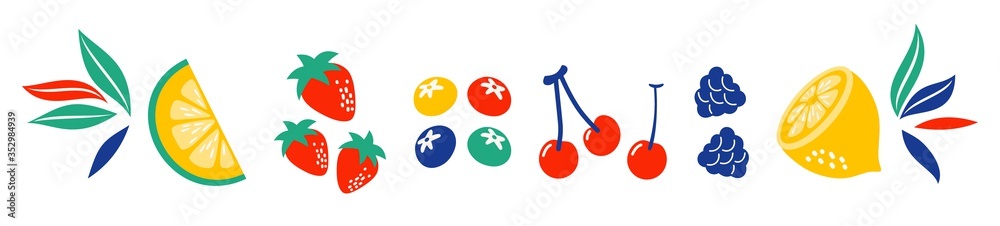 Strawberries oranges cherries blueberries on a white background. Bright ...