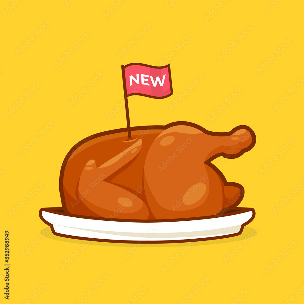 rotisserie chicken on white plate. flag label stick. logo restaurant or ...