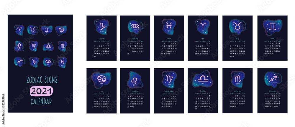 The calendar. Zodiac calendar 2021. Vector illustration of the signs of ...