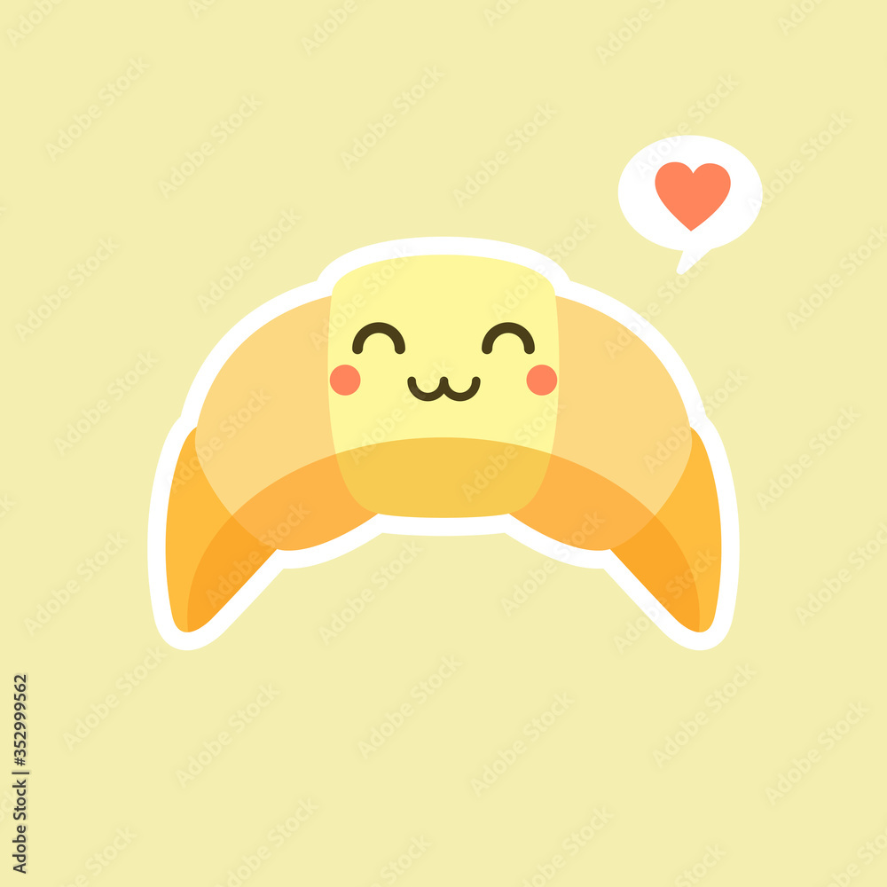 Cute and happy croissant vector cartoon character isolated on a color ...