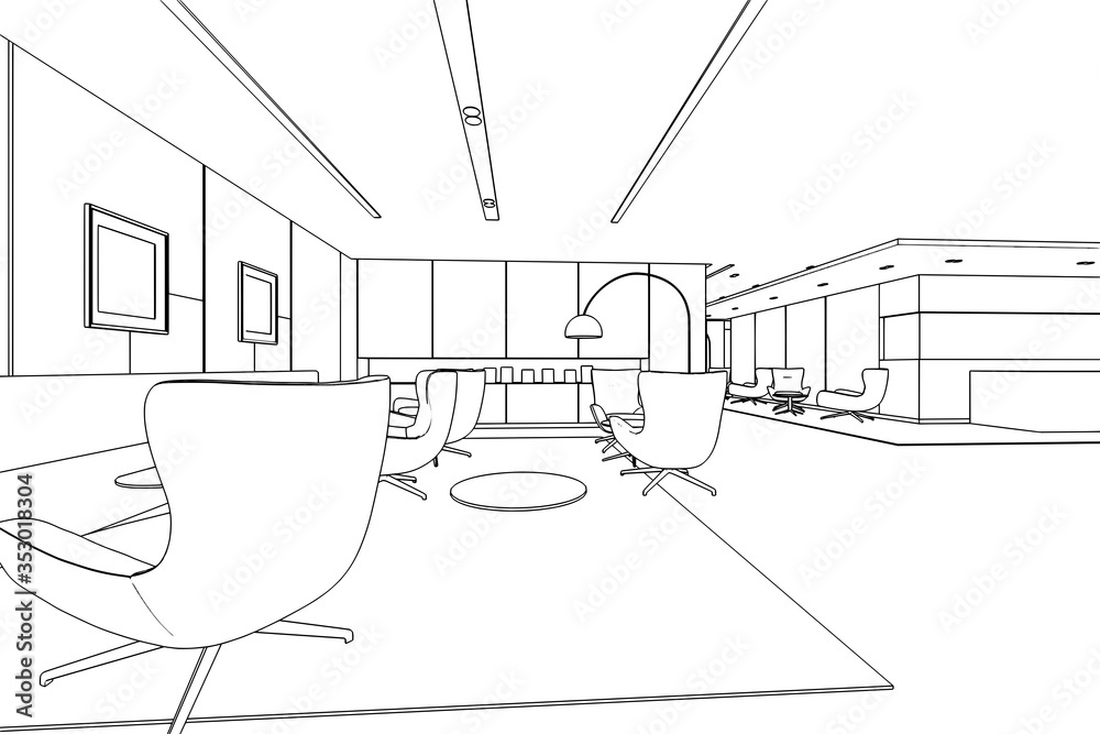 interior outline sketch drawing perspective of a space office Stock ...