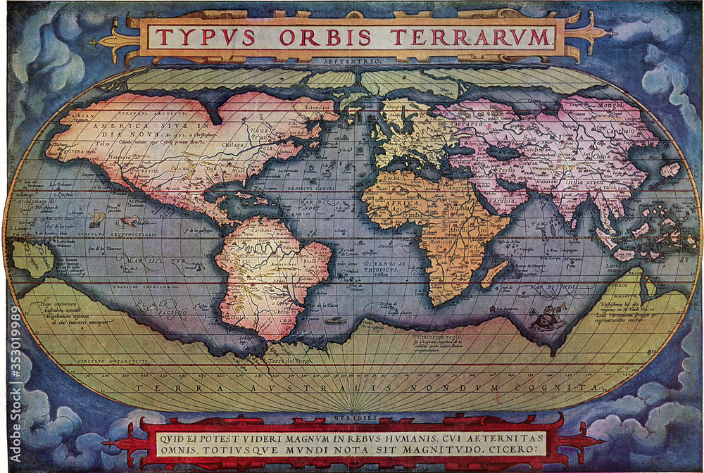 Abraham Ortelius 1571 World Map, vintage illustration. Stock Illustration | Adobe Stock