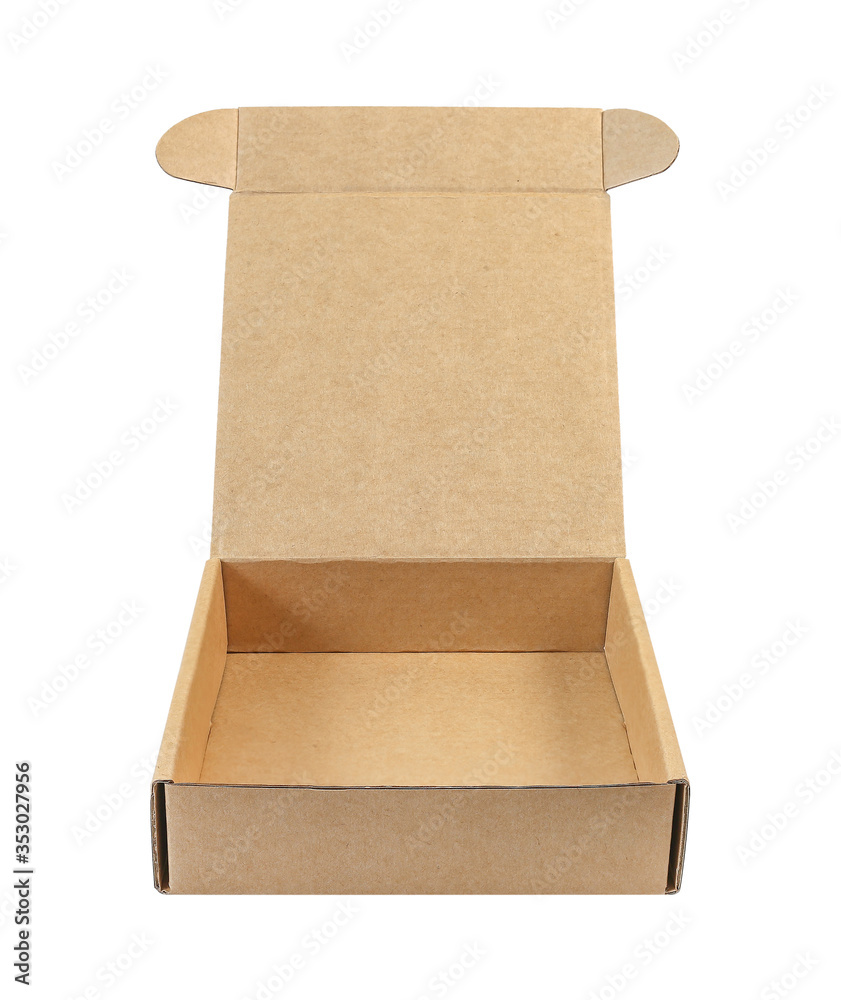 Cardboard box with flip open lid isolated on white with clipping path ...