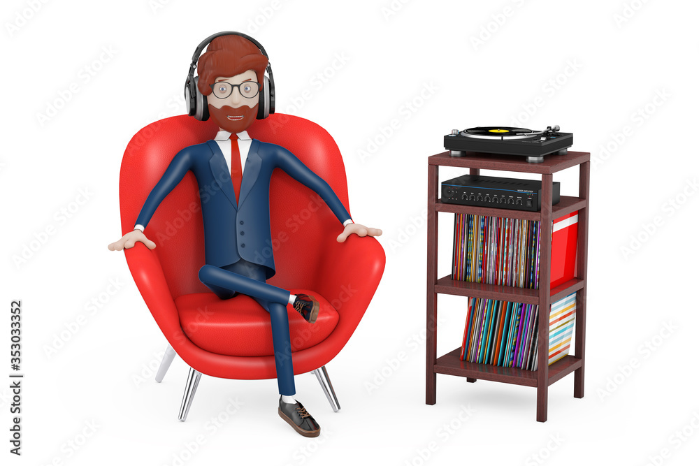 Cartoon Person Sits in Red Leather Relax Chair and Listens Music in ...