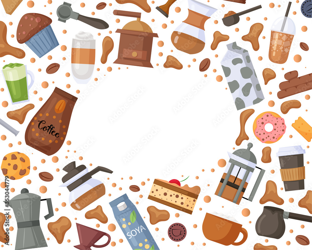 Coffee shop frame with coffee maker elements, sweets and different type ...