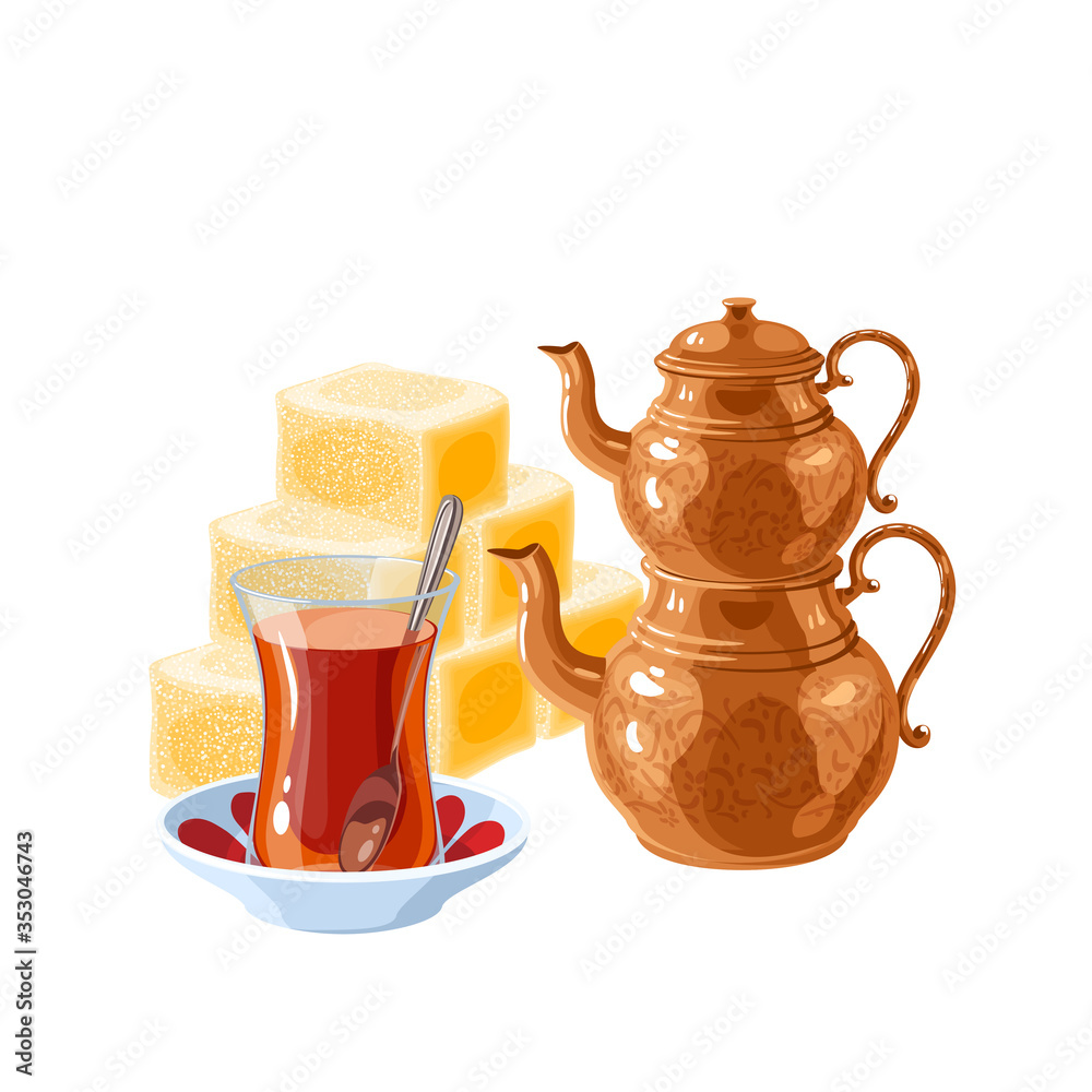 Vecteur Stock Turkish delight and tea. Traditional two-tier copper ...