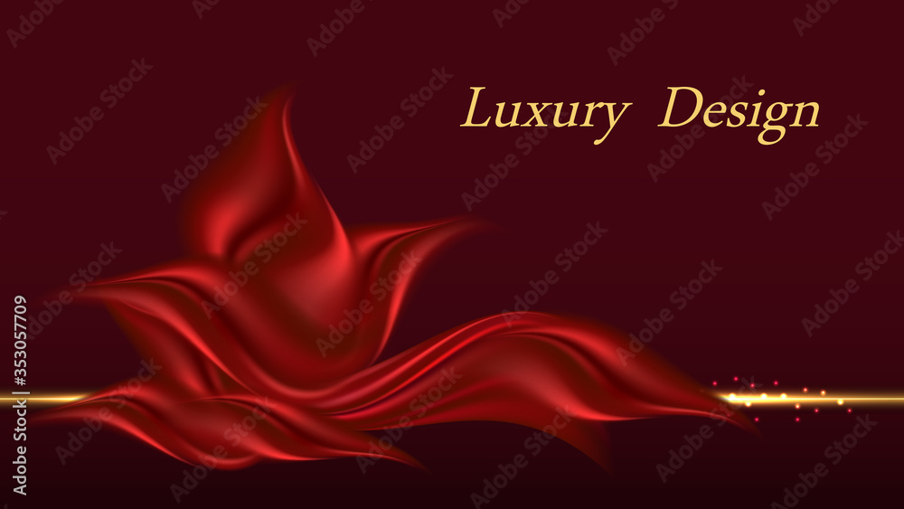 Decorative red silk background. Design with red satin ribbon and golden ...