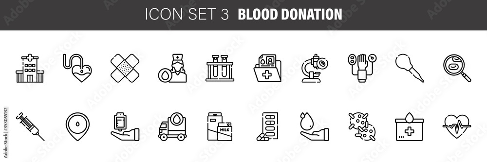 Hematology flat line icons set. Blood cell, vessel, sphygmomanometer ...