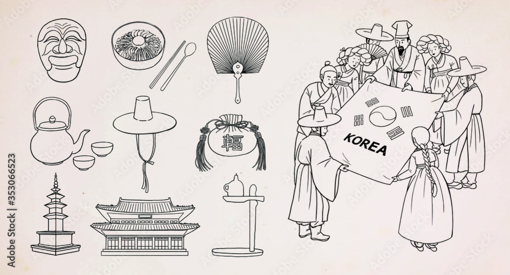 Set of Korean traditional objects. People wearing Korean traditional ...