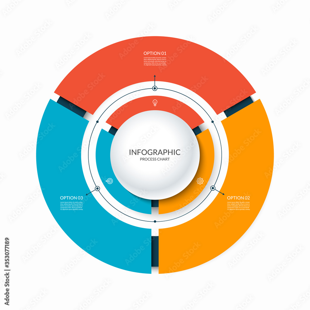 Vetor de Infographic circular chart divided into 3 parts. Step-by step cycle diagram with three ...