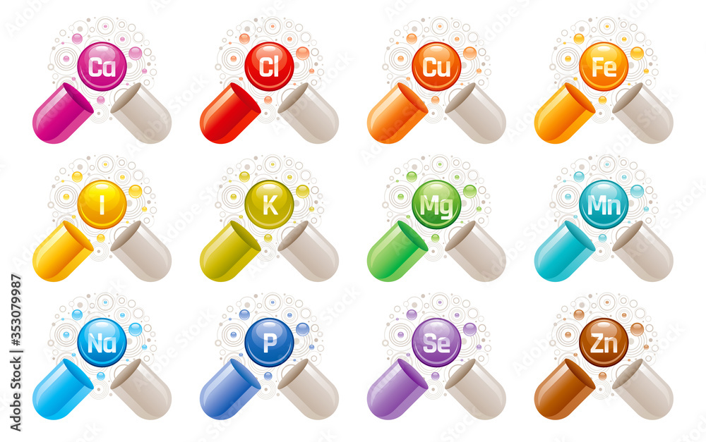 Mineral supplement set - iron, calcium, magnesium, zinc, potassium ...