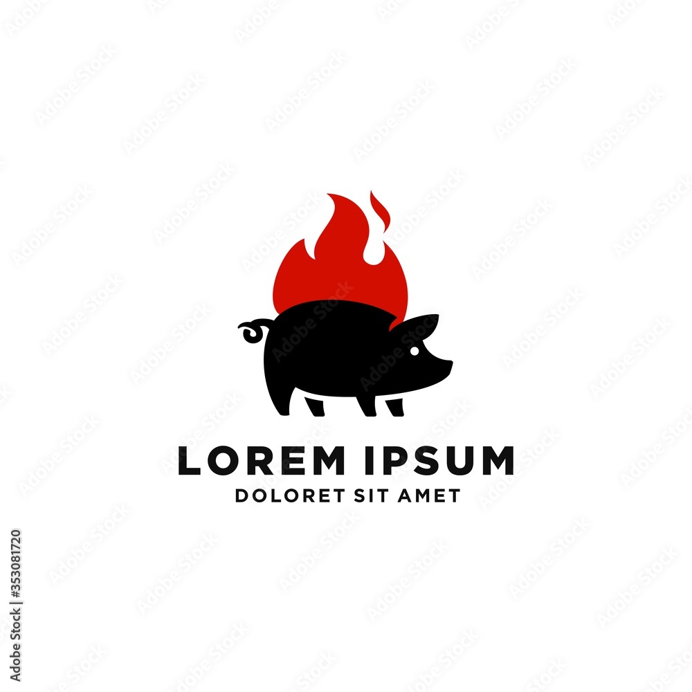 pig , pork on red fire flame mascot logo icon template suitable for bbq ...