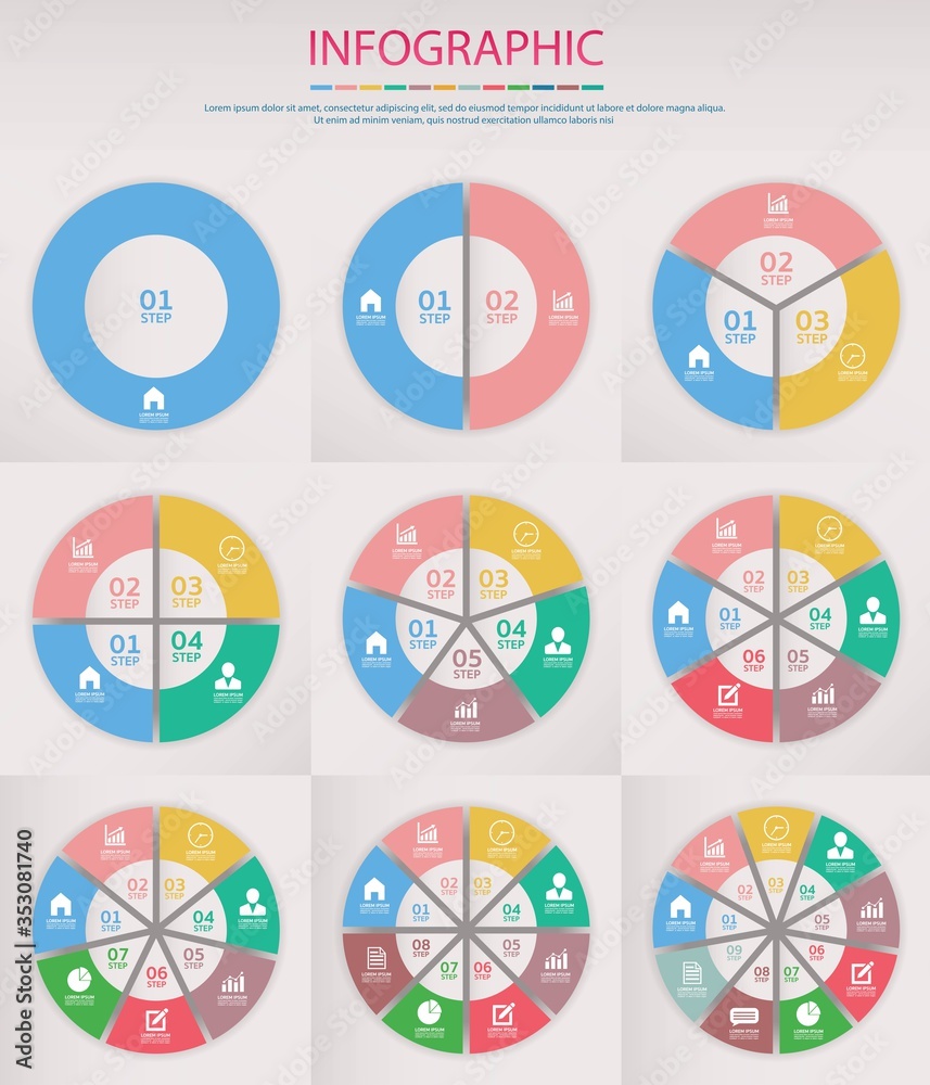 Vector infographic circle set. Business concept with 2,3,4,5,6,7,8,9 ...