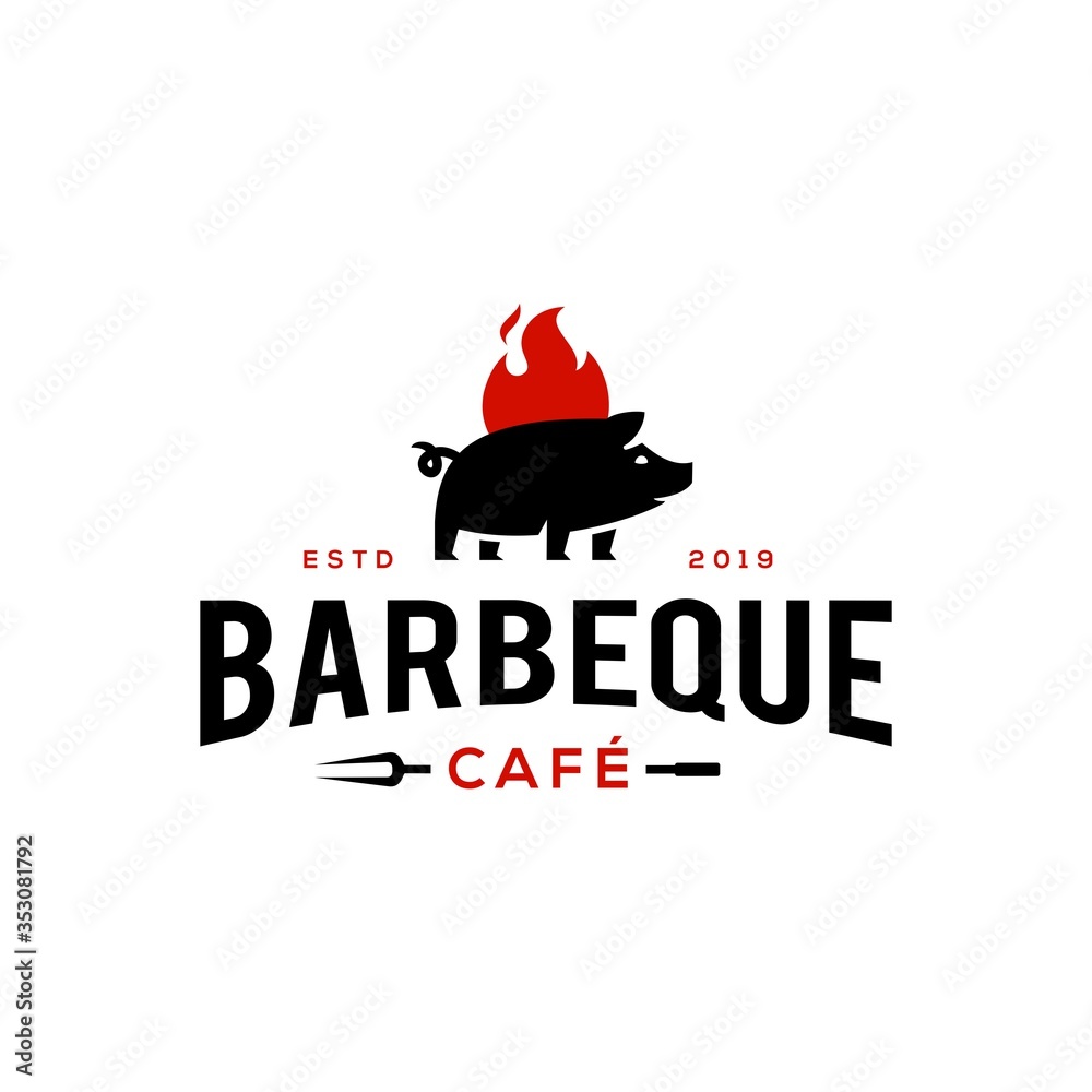 Vintage hipster Grill Barbeque pig pork icon on fire flame invitation ...