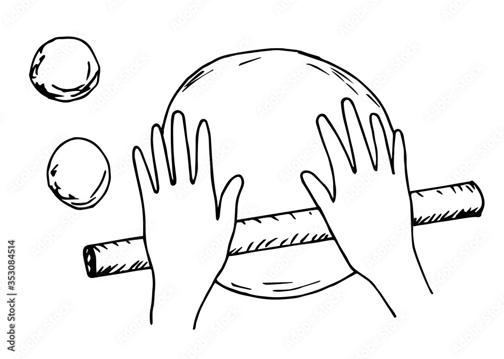 Hand-drawn vector illustration with black outline. Hands roll out the ...