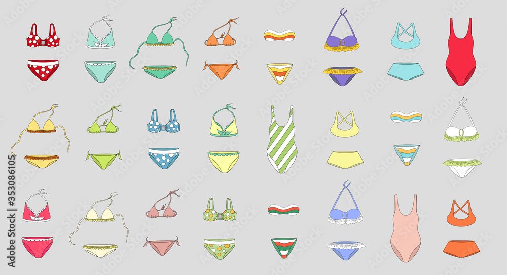 Swimsuit set. Summer swimming suits collection. Many types swimsuits ...