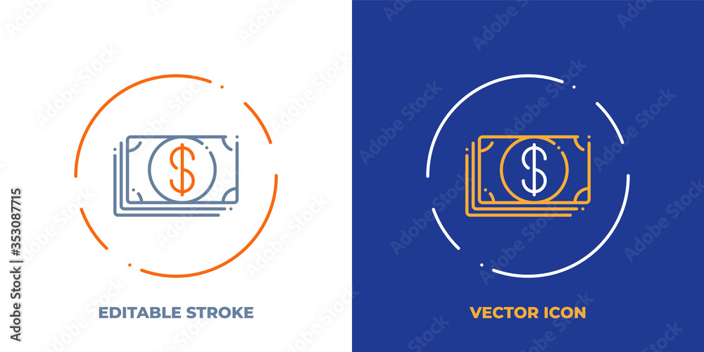 Cash line art vector icon with editable stroke. Outline symbol of money ...