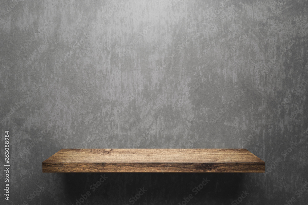 Wooden shelf or product display on grey wall background with exhibition ...